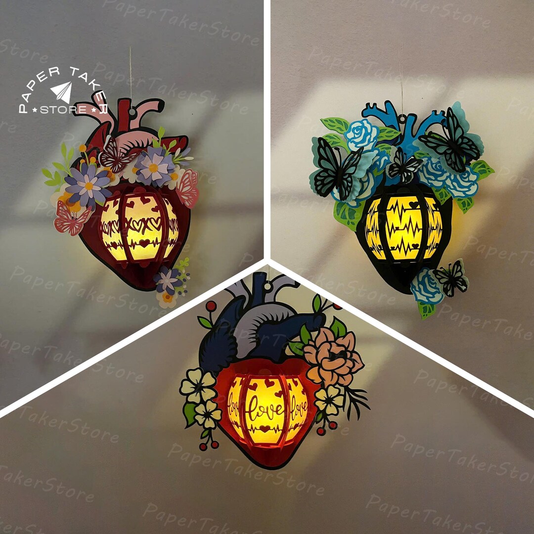 Pack 3 Lantern Heart SVG for Cricut Projects, 3D Papercut Light Box ...
