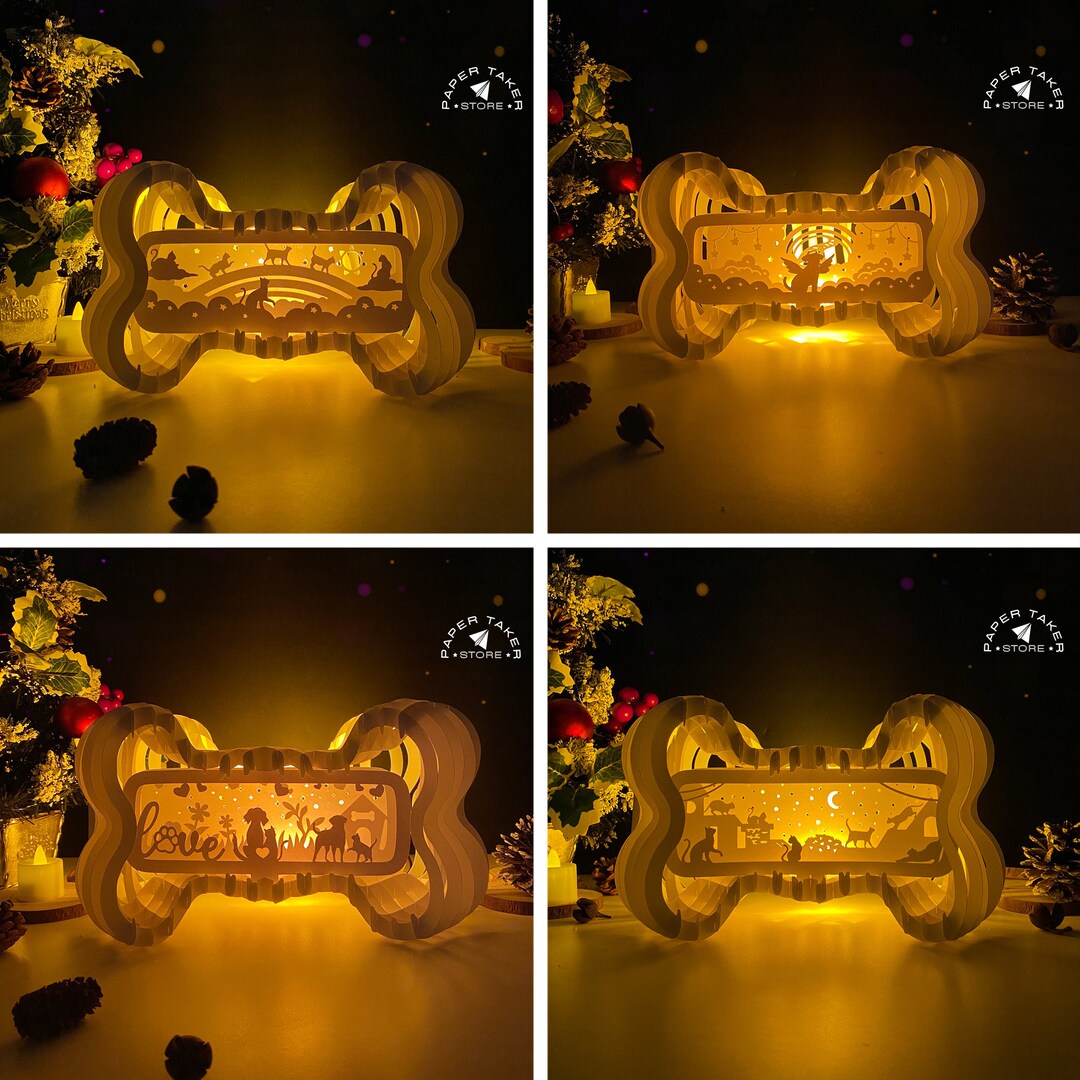 Pack 4 Cat Dog Lover Pop-up Template, Bone Pop-up SVG for Cricut Projects, 3D Papercut Light Box ...