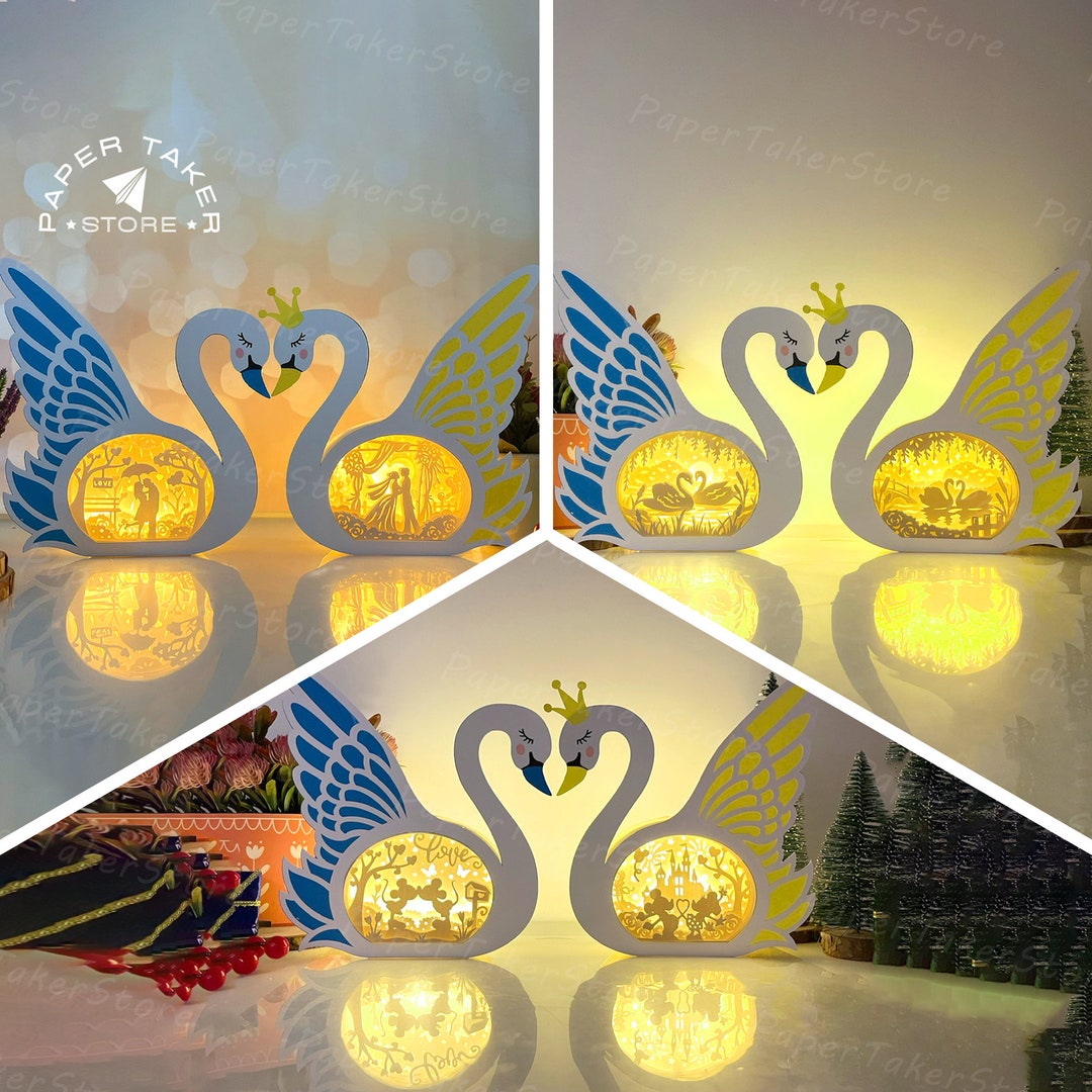 Pack 3 Swan Couple Box SVG for Cricut Projects, 3D Papercut Light Box ...