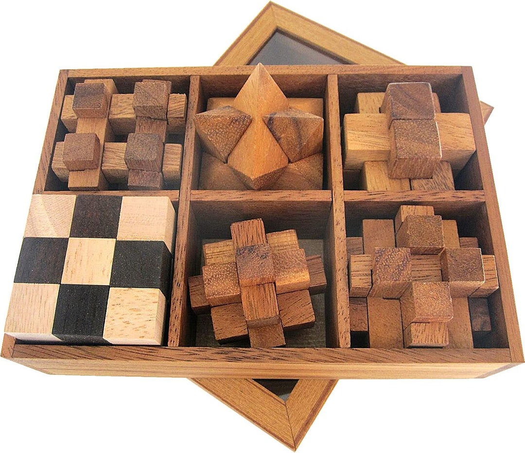 Set of 6 Puzzle Games in a Wooden Gift Box With Transparent Lid - Etsy