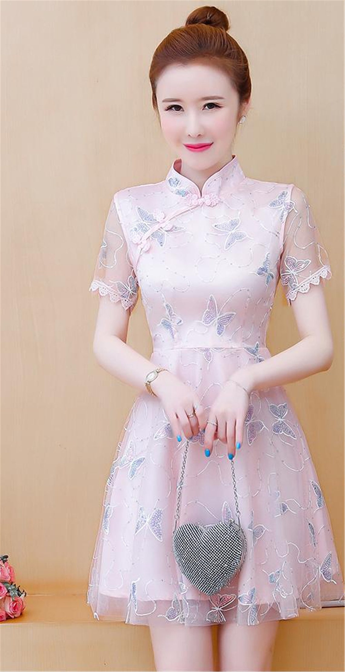 Short Embroidered Cheongsam Dress with Mesh Waist | Etsy