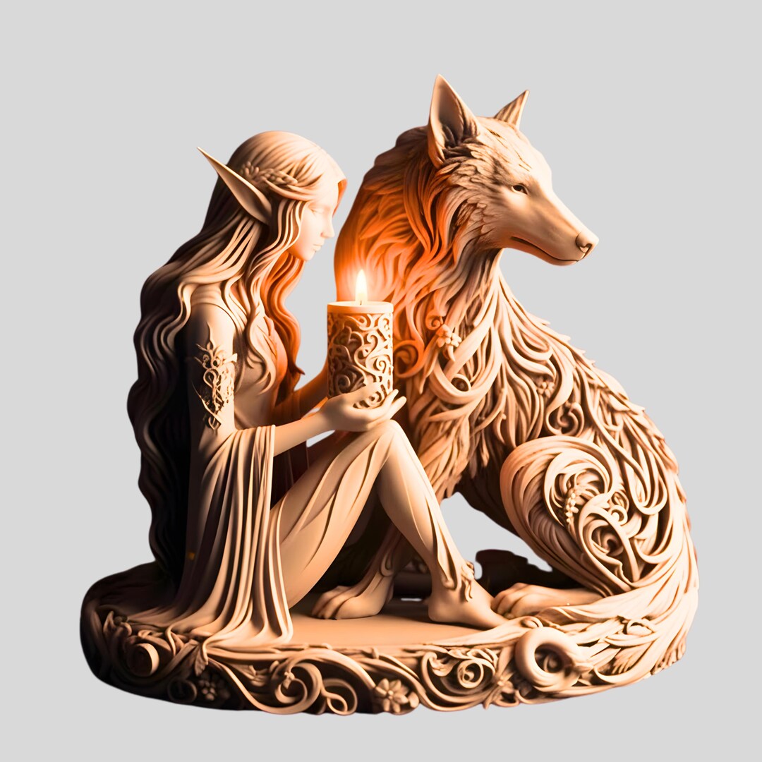 Elven Guardian Wolf Candle Holder STL – Fantasy Elf Statue for LED ...