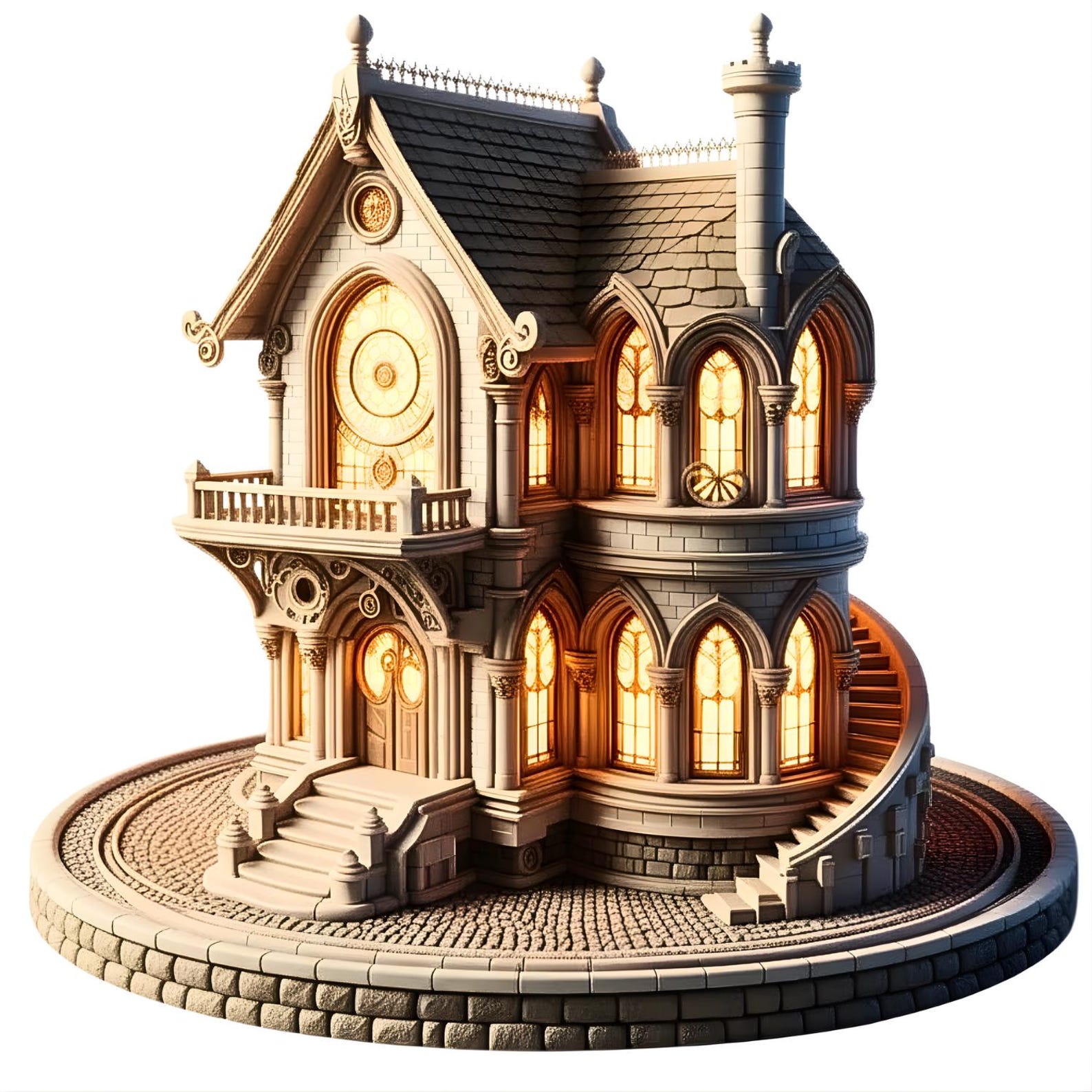 Ornate Tower House 3D Model STL | Circular Window & Spiral Staircase ...