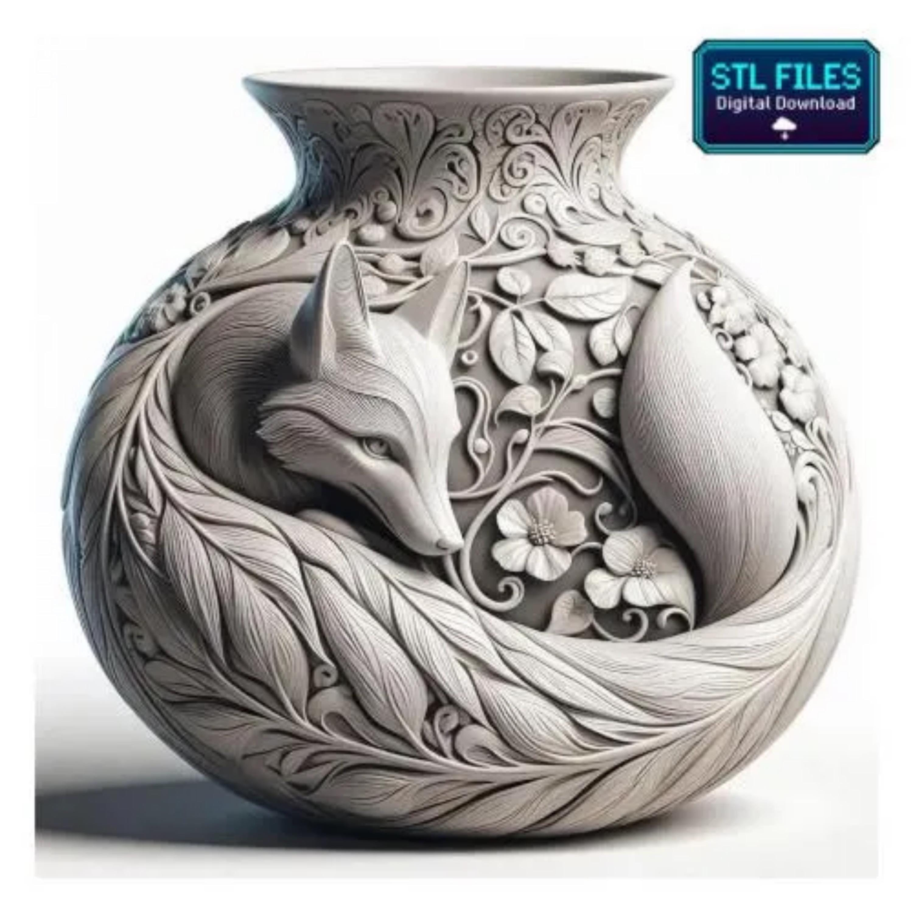 Carved Fox Vase 3D Model: Floral Home Decor (digital STL File) - Etsy