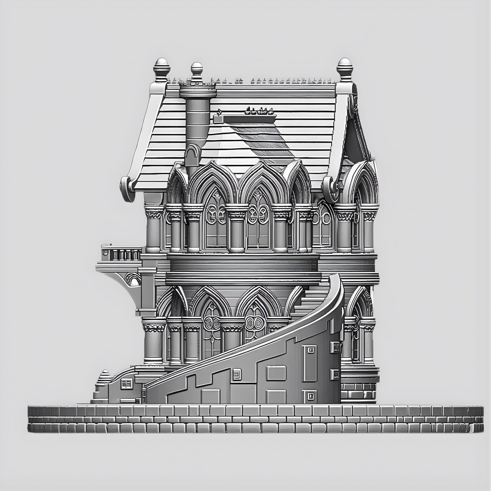 Ornate Tower House 3D Model STL | Circular Window & Spiral Staircase ...
