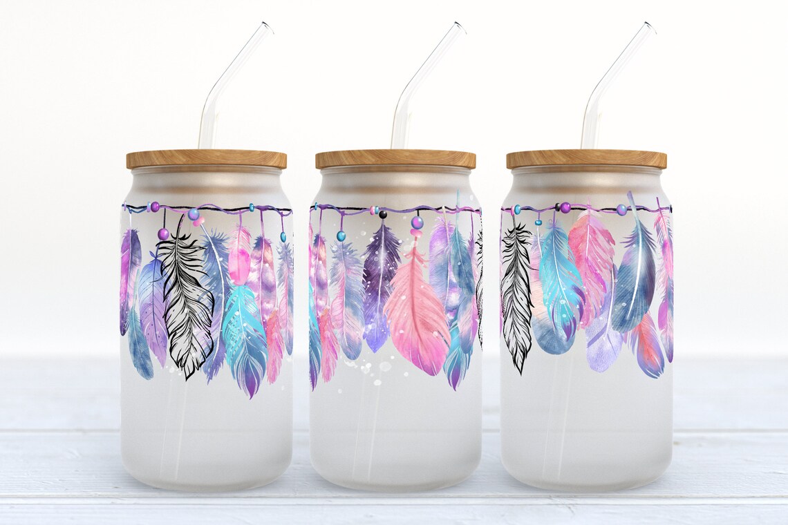PASTEL FEATHERS 16oz Glass Can Png Design for Sublimation - Etsy
