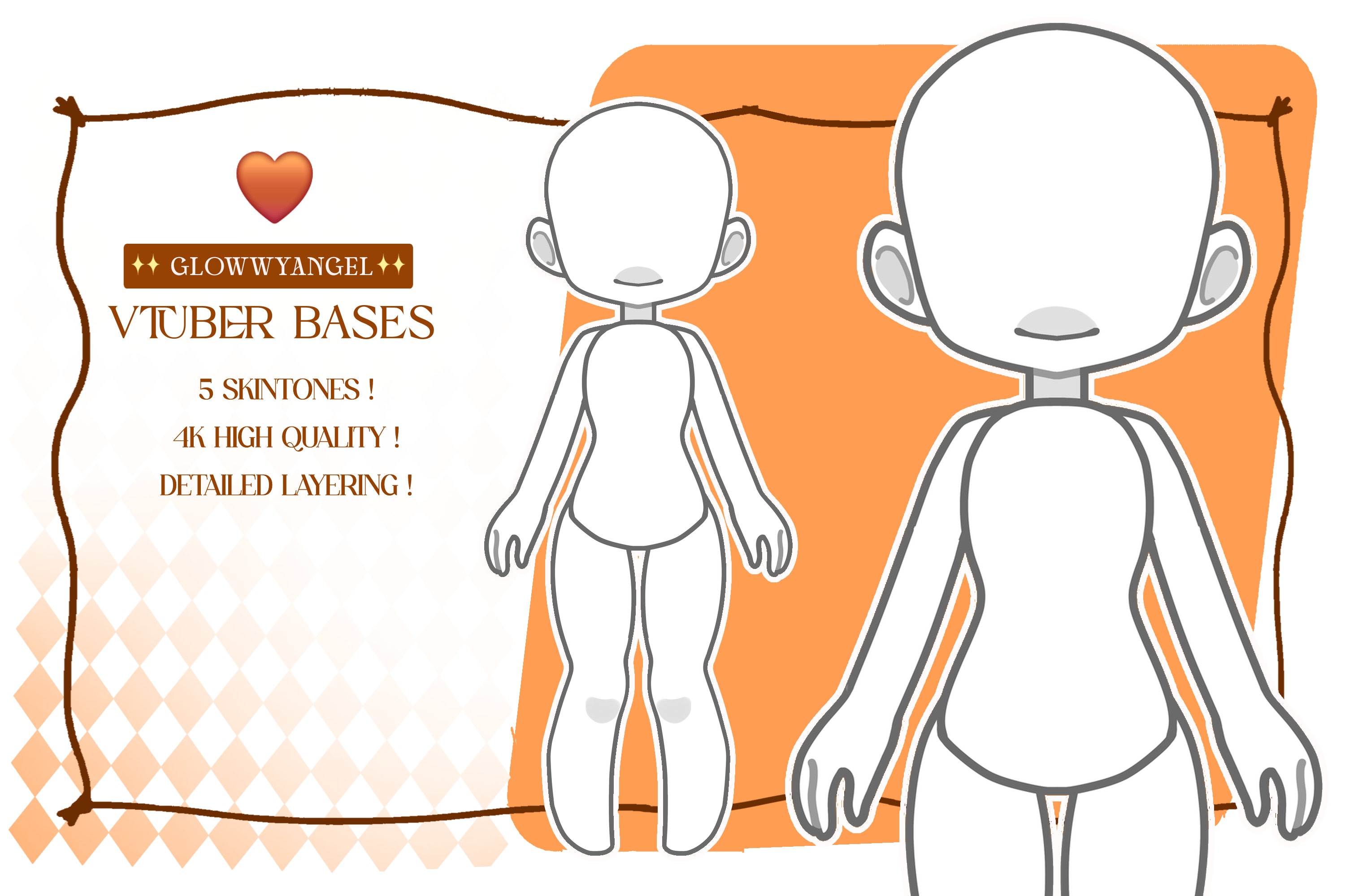 Vtuber Body Base Model High Quality 4K 6 Skin Tones From White to Dark Skin Detailed Layering ...