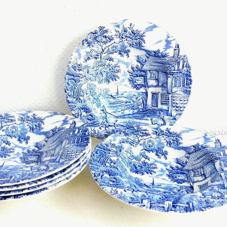 Vintage English DINNER PLATES White Blue / 6x Flat Ironstone Plates ...