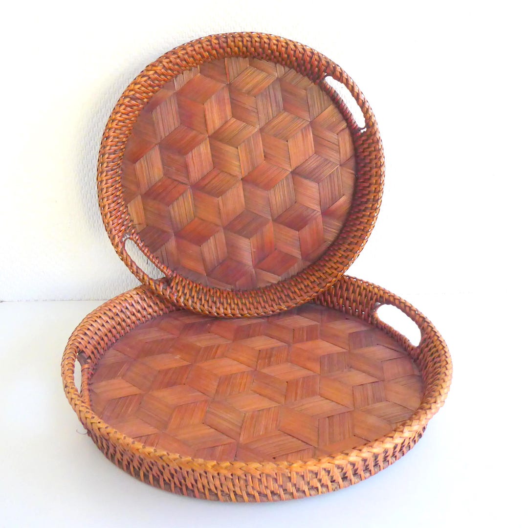 1 of 2 Vintage BAMBOO Trays Brown/ Rattan Serving Tray Round/ Woven ...
