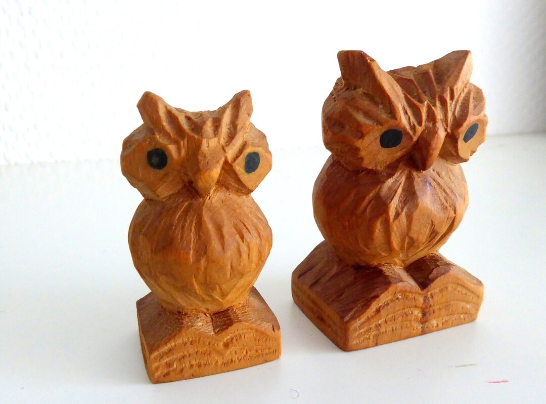 Carved Wooden Owls, Antique Owl Figures, Handmade in the 40s, Wooden ...
