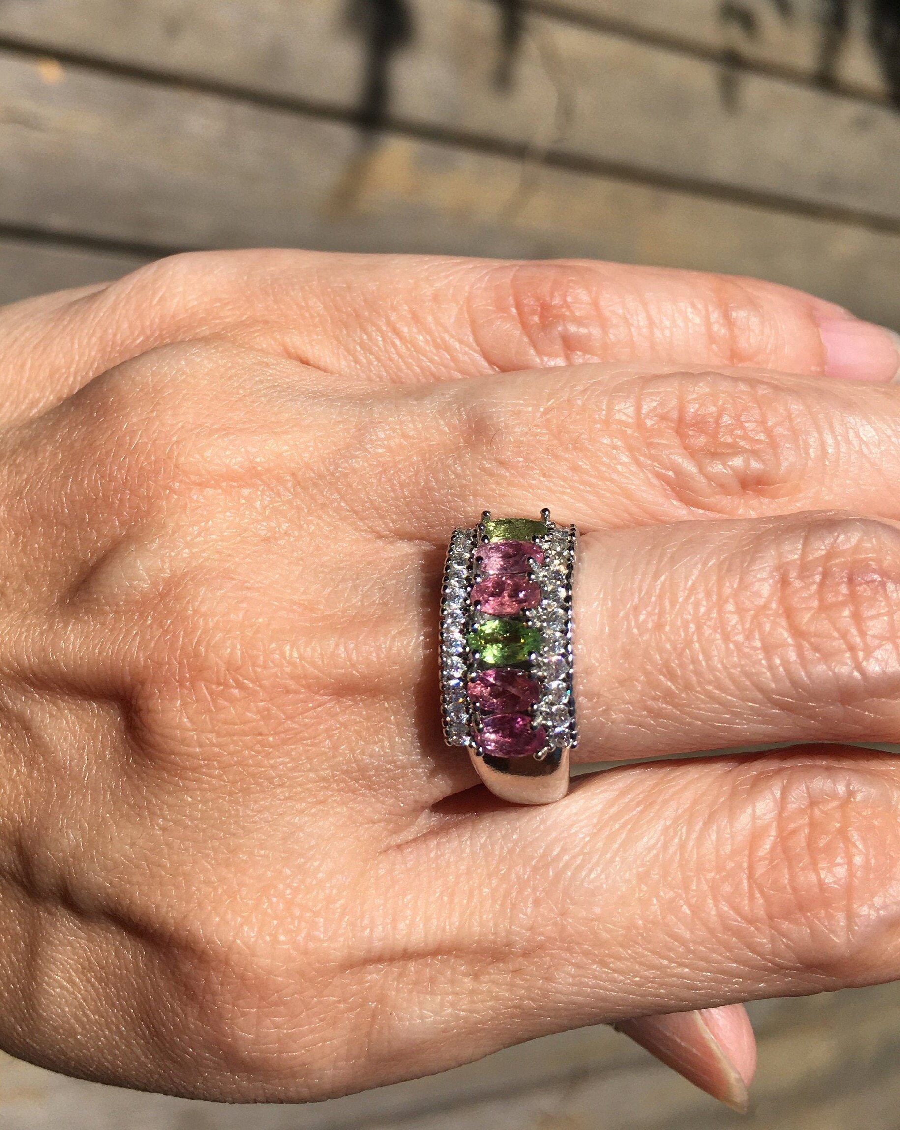 Multi Color Tourmaline Ring in Pink and Green - adjustable - October ...