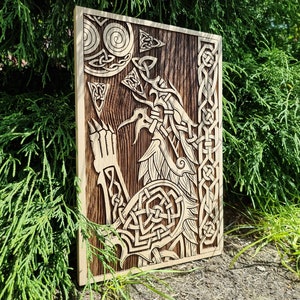 Wall Art of Fenrir Viking Wolf Eating Sun Oak Woodburned Viking Pagan ...