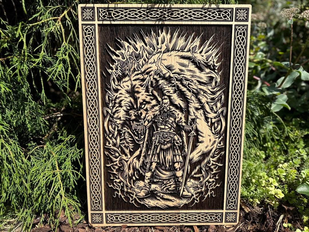 Tyr Sacrifice Hand to Fenrir Wolf God Oak Wooden Art Woodburned ...