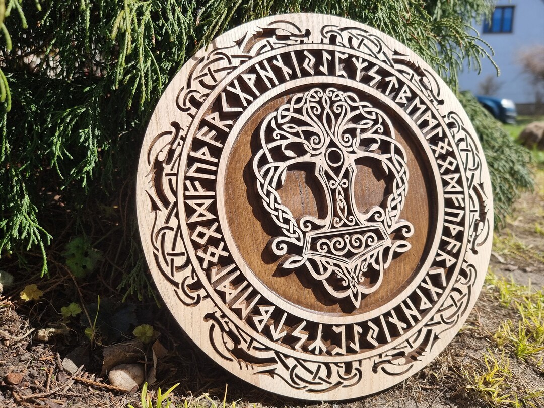 Viking Woodcarved Tree of Life Fused With Mjolnir and Runes, Odin Thor ...