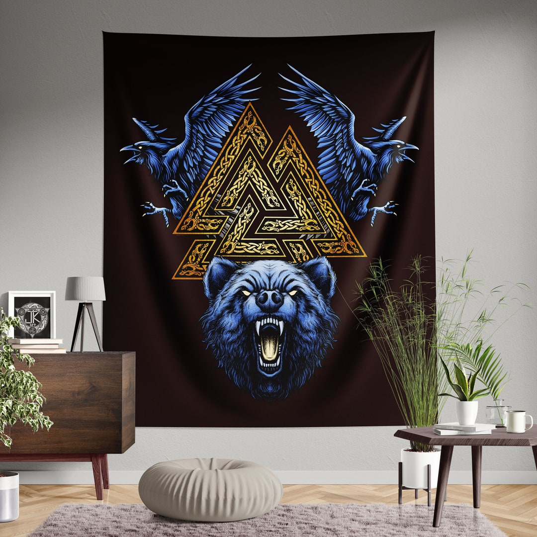 Norse Mythology Valknut and Ravens, Bear, Wall Tapestry Backdrop ...