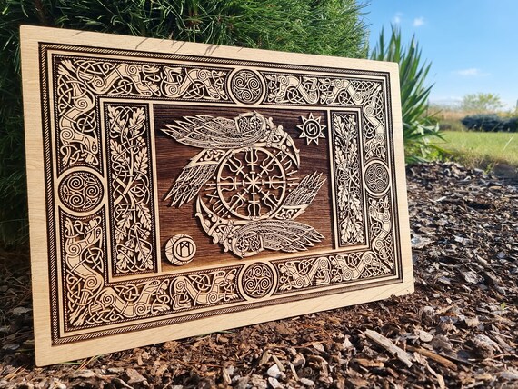 Odin Ravens With Aegishjalmur Woodburned Wall Art Pyrography - Etsy