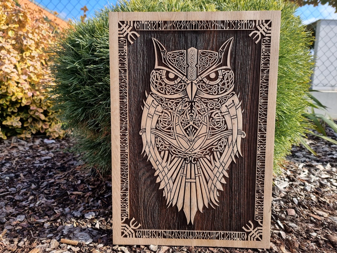 Vegvisir Owl On Wood Wall Art, Vikings Owl Wood Carving, Norse Pagan ...