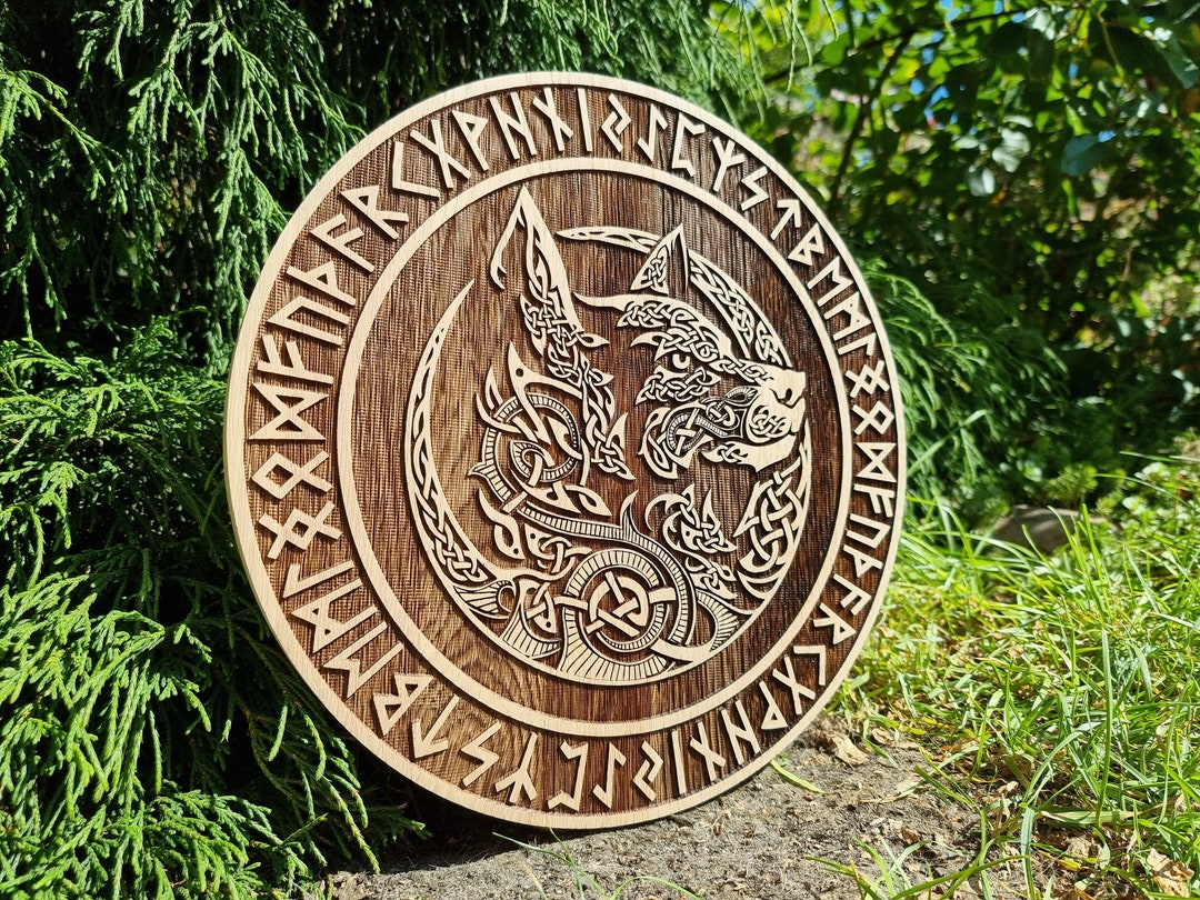 Round Alpha Wolf With Runes, Viking Mythology, Runes, Elder Futhark ...