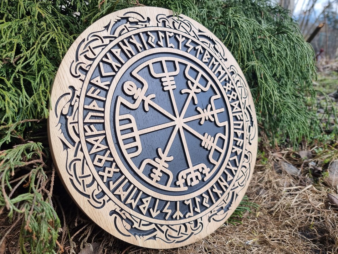 Woodcarved Vegvisir the Viking Compas With Elder Futhark Runes - Etsy