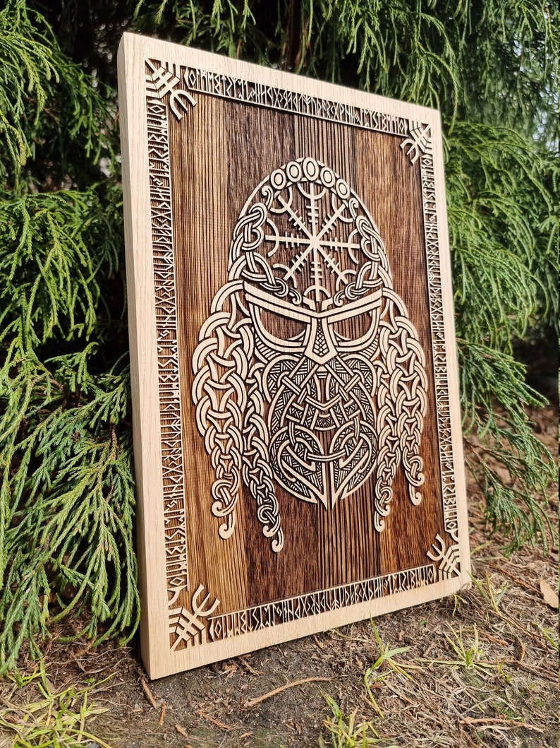 Viking wood art Helm of awe Mask with runic borders odin | Etsy