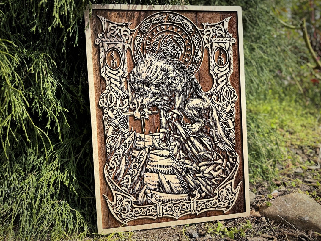 Norse Wolf Bound Fenrir Pagan Wall Art, Viking Mythology Art, Pagan ...