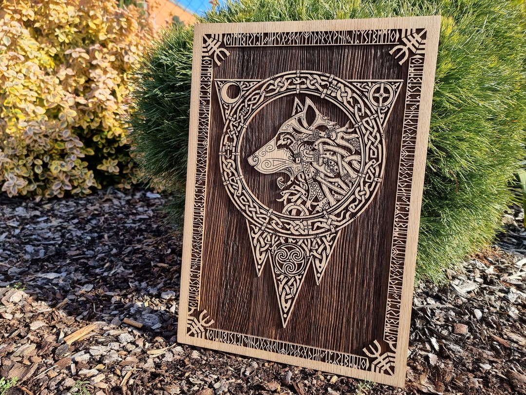 Viking Alpha Wolf With Magical Symbols Oak Woodburned Viking Pagan Art ...