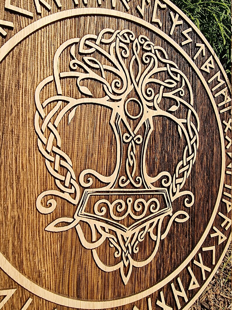 Viking Mjolnir tree of life with runic borders odin heathen | Etsy