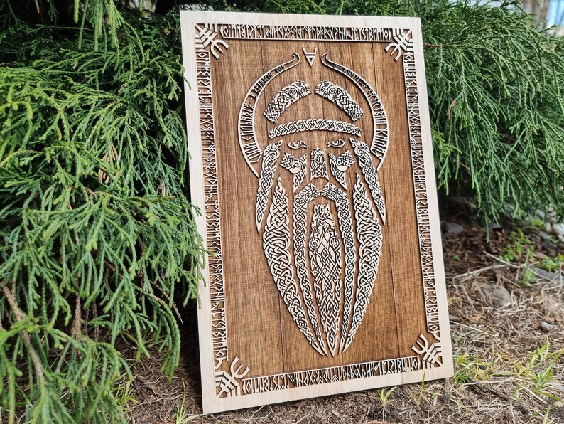 Viking bearded warrior made by detailed knotwork with runic border ...