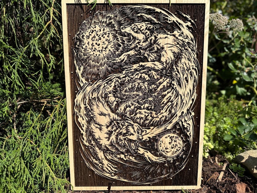 Hati and Skoll the Wolves of Ragnarok Oak Wooden Art Woodburned ...