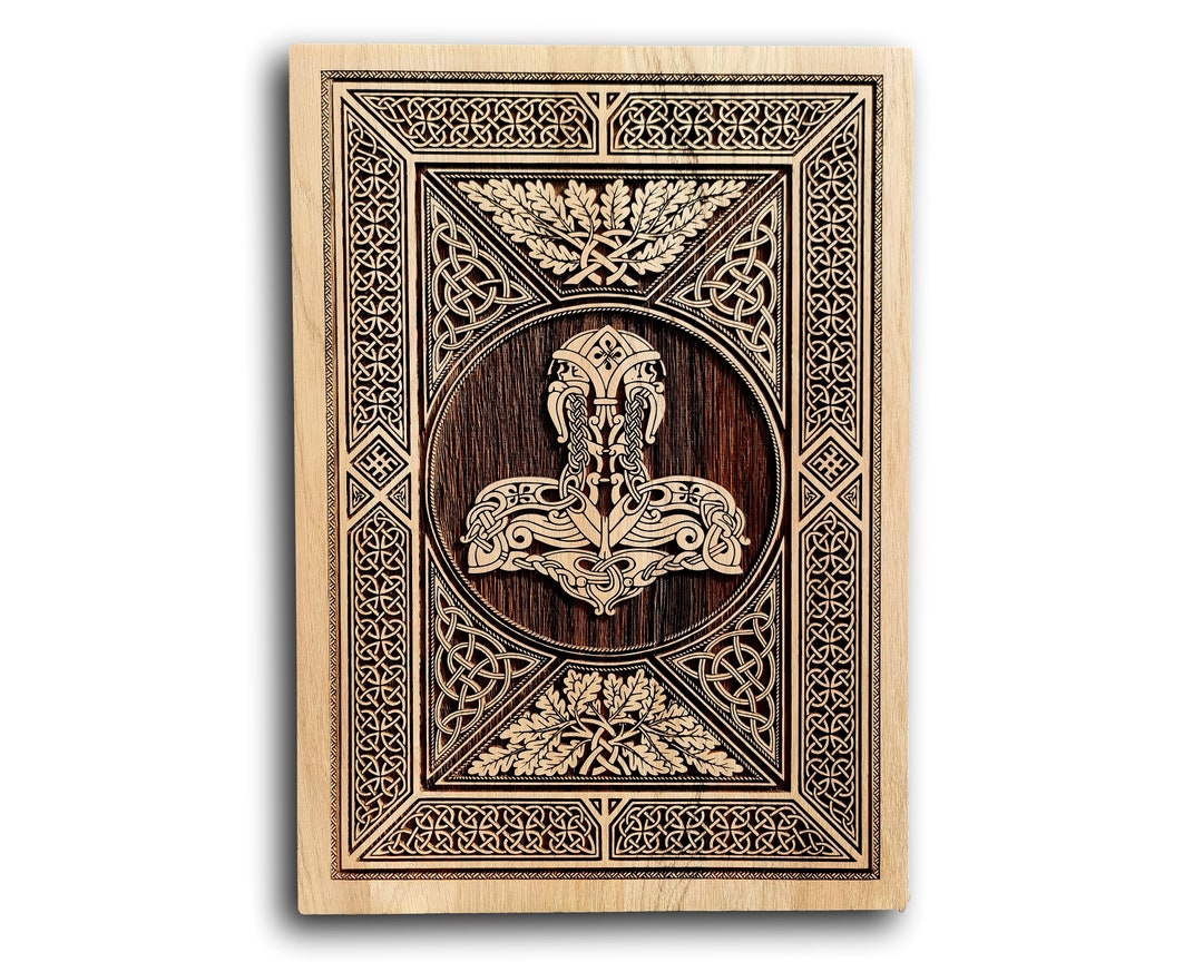 Norse Mythology Mjolnir Celtic Knot Wall Decor, Unique Carved Woodburn ...
