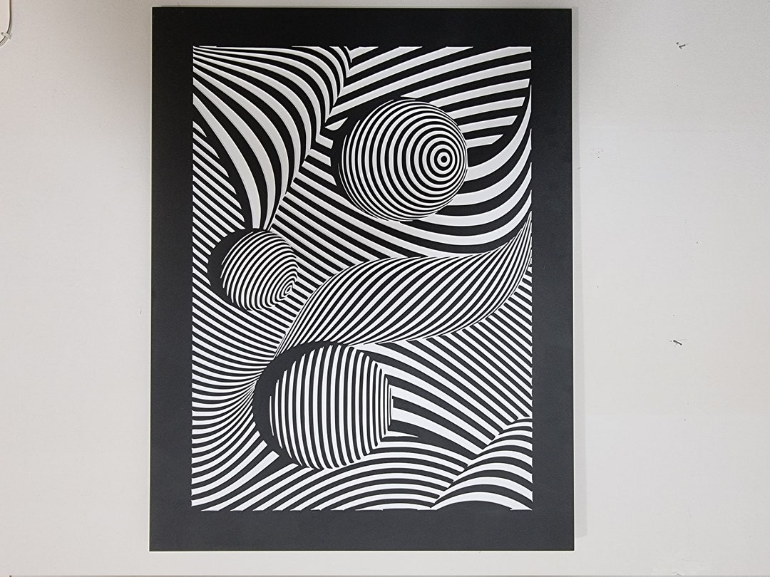 3D Carved Optical Waves and Balls, Optical Illusion, Black and White ...
