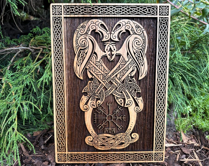 Odin Raven Huginn and Munnin With Vegvisir Oak Wooden Art Woodburned ...