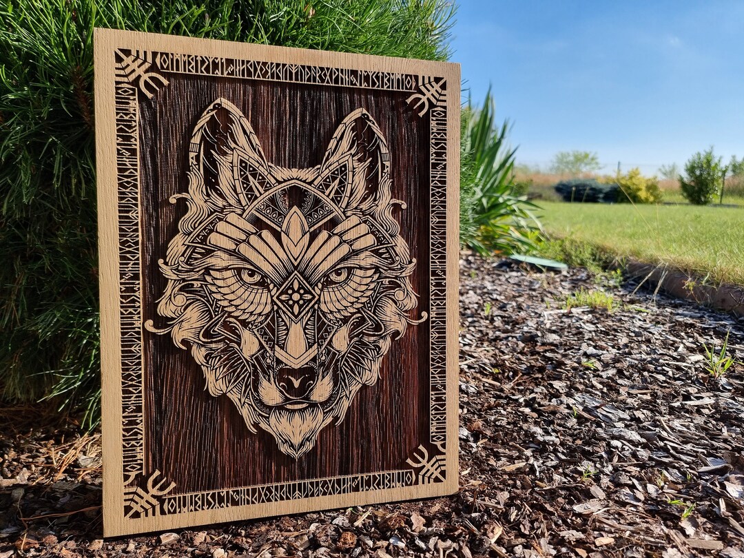 Wood Burned Wolf, Tree of Life , Viking Mythology, Runes, Elder Futhark ...
