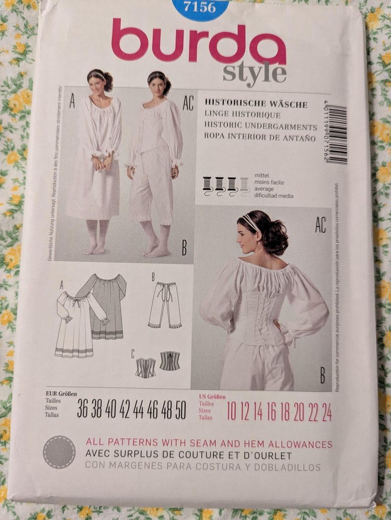 Burda 7156/ Corset Pattern Pantaloons and Chemise/ Historic ...