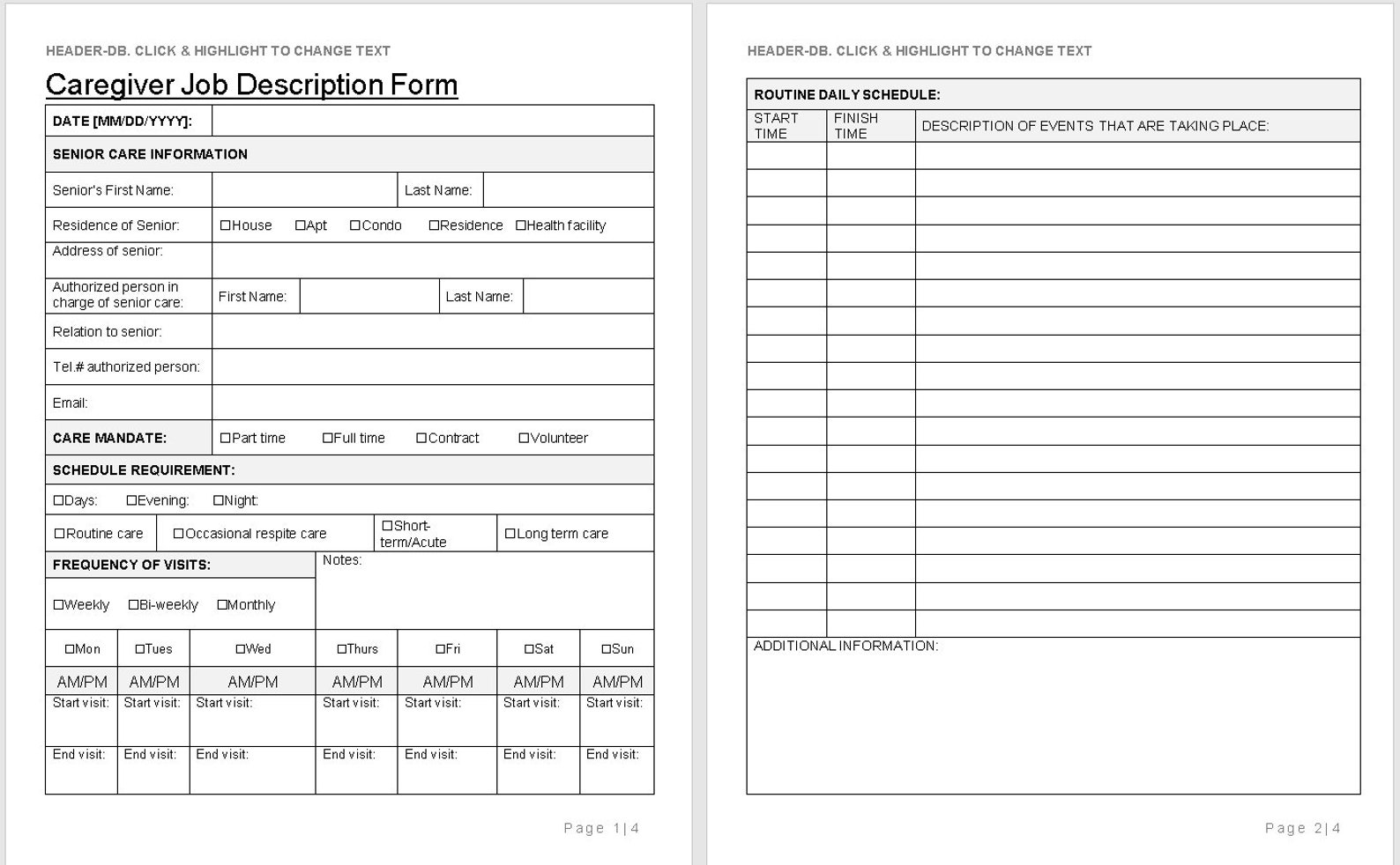 Caregiver Job Description Template Caregiving Task List | Etsy