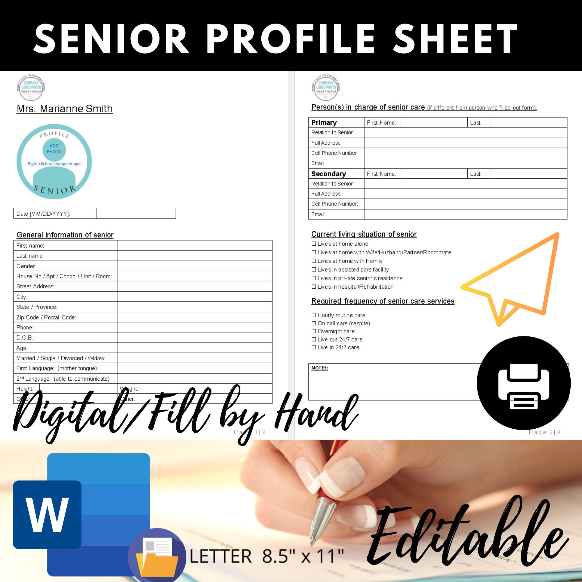 Senior Profile Sheet Form, Medical Contacts, Allergy List, Emergency ...