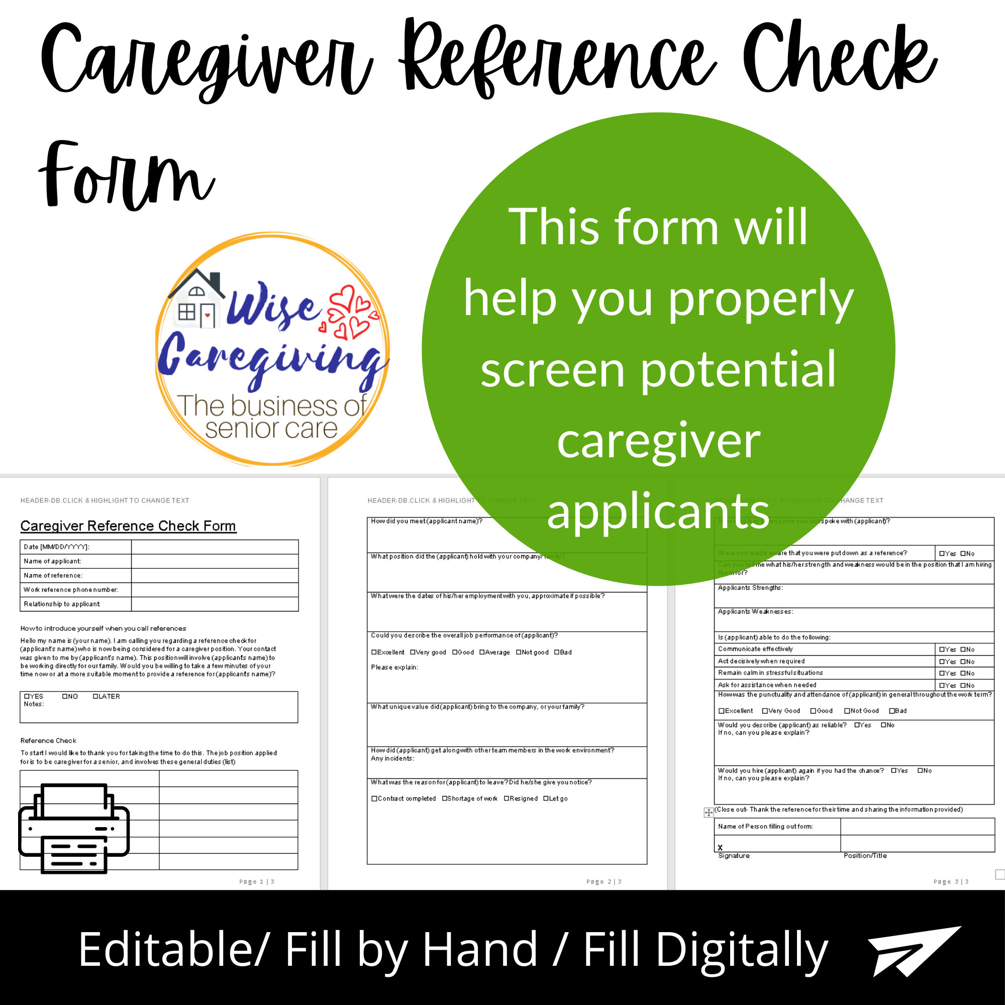 Caregiver Reference Check Form, Hire Private Caregiver, Senior Care ...