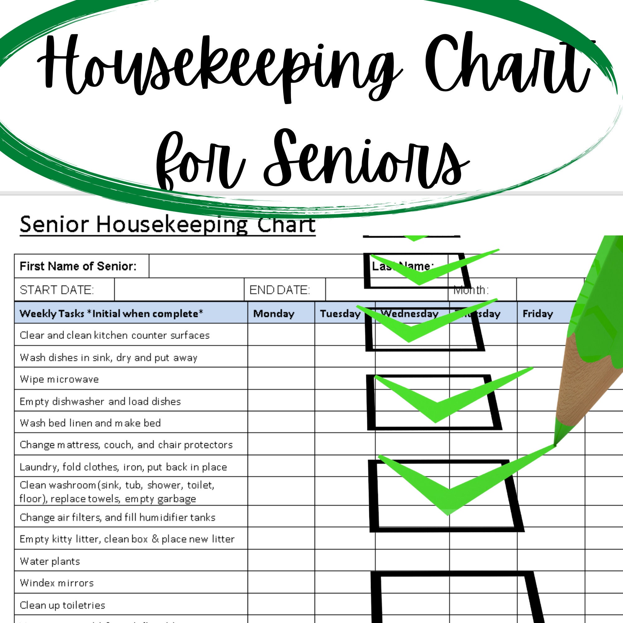 Housekeeping Checklist Form, Caregiving Task List, Caregiver Log, Home ...