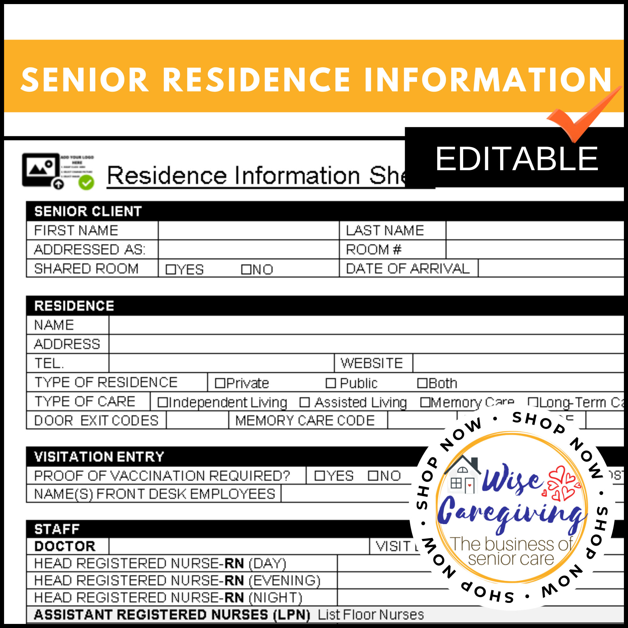 Residence Information Sheet, Care Team List, Staffing Information ...
