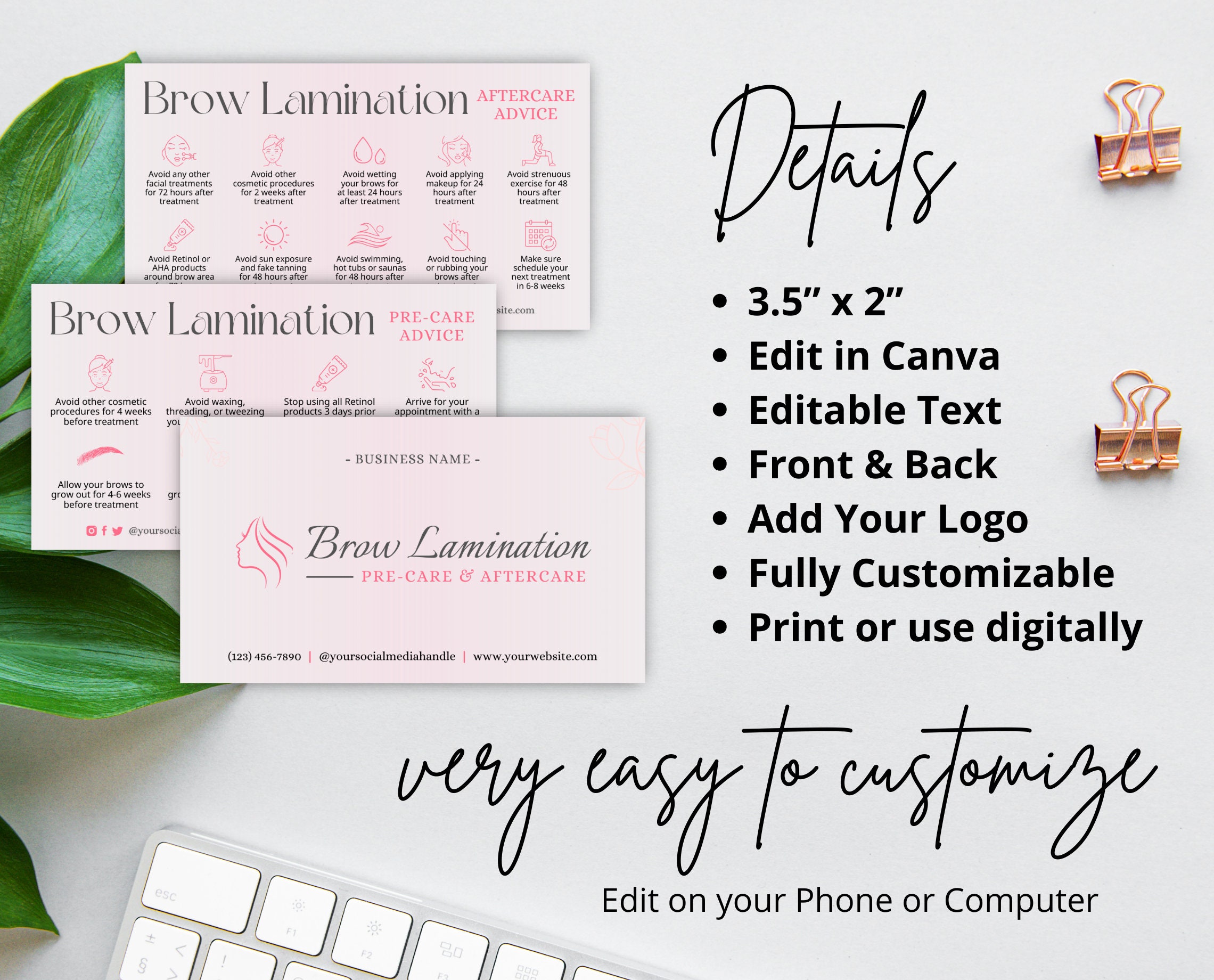 Editable Brow Lamination Template, Brow Lamination Aftercare Cards ...