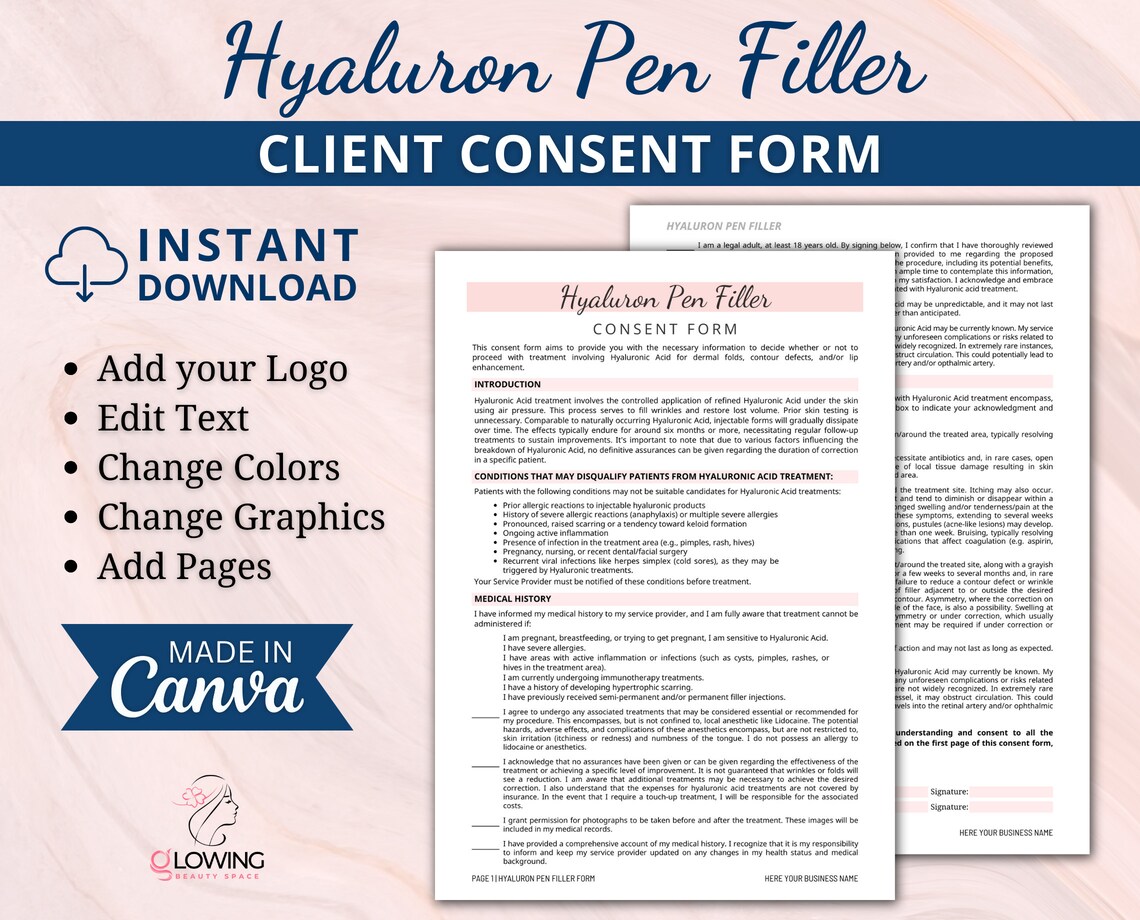Editable Hyaluron Pen Filler Consent Form, Hyaluronic Acid Filler Pen ...