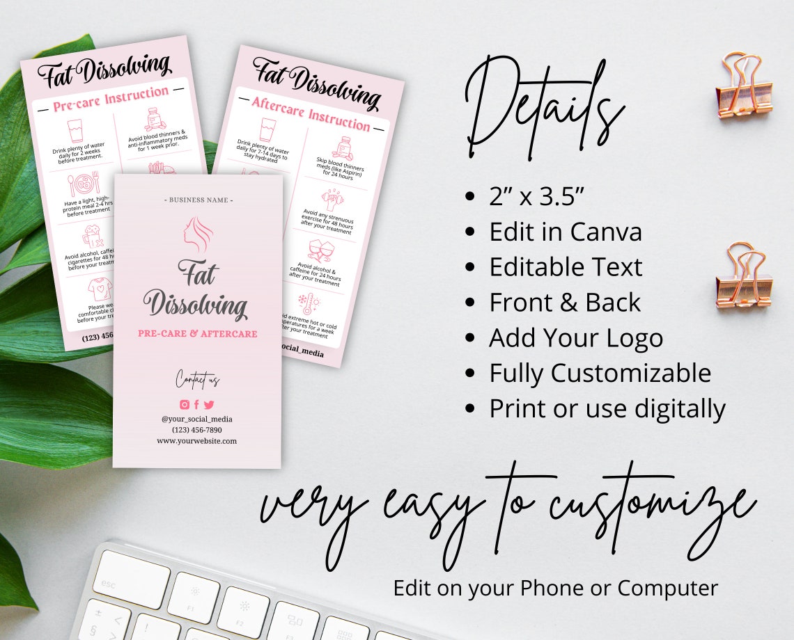 Fat Dissolving Aftercare Card, Fat Dissolve Precare & Aftercare Cards ...