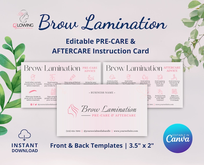 Editable Brow Lamination Template, Brow Lamination Aftercare Cards ...