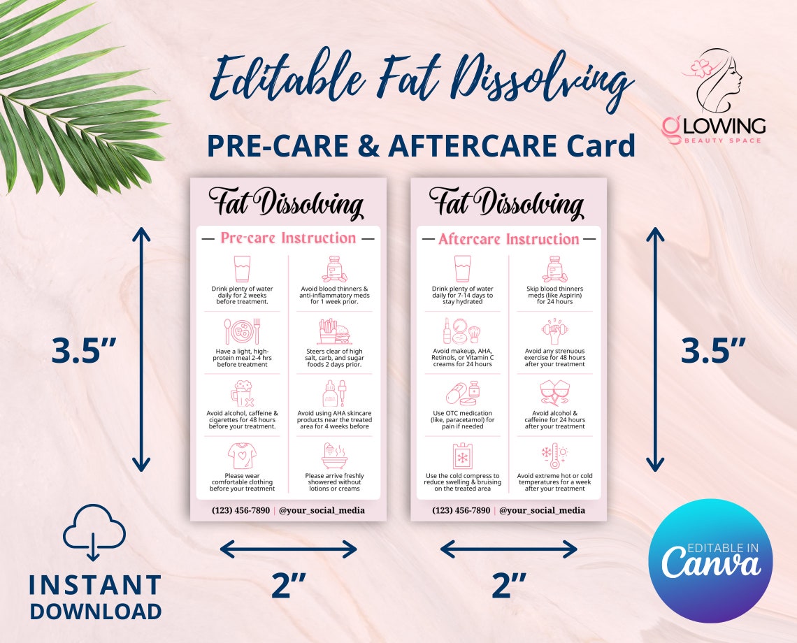 Fat Dissolving Aftercare Card, Fat Dissolve Precare & Aftercare Cards ...