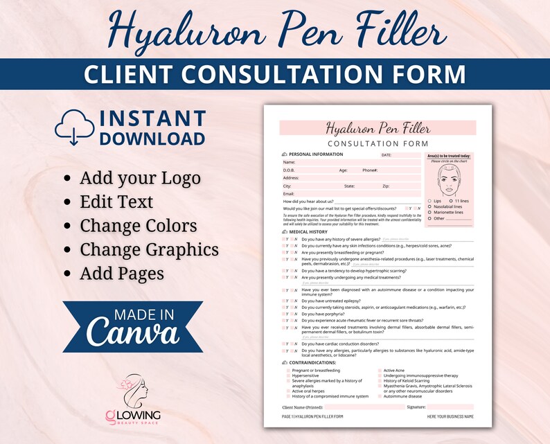 Editable Hyaluron Pen Filler Client Intake Consultation Form ...