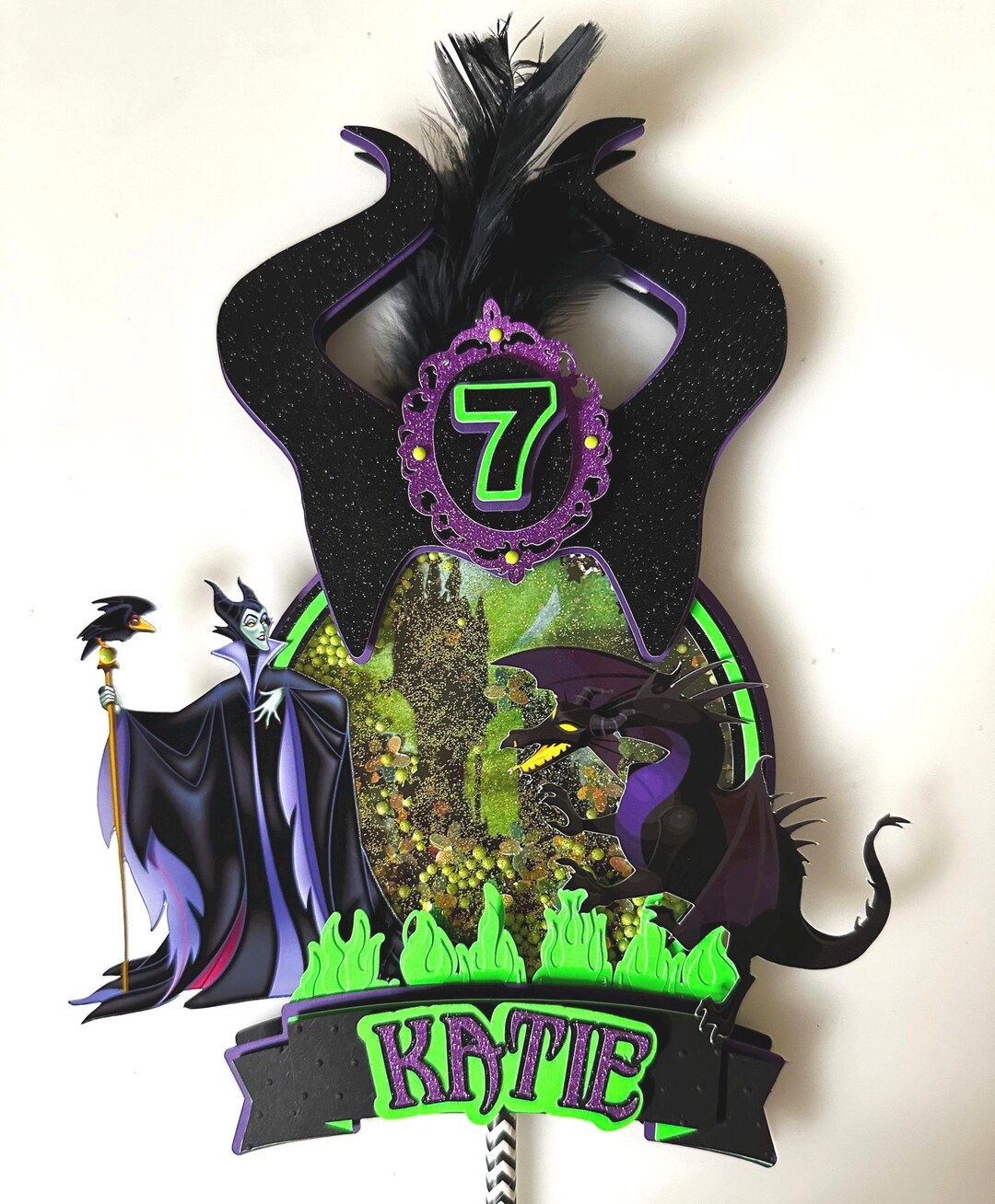 Cake Topper 3D Shaker for Maleficent Themed Party - With Name and Age ...