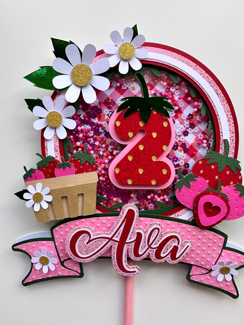 Sweet Strawberry Feast Cake Topper 3D Shaker - With Name and Age - Etsy