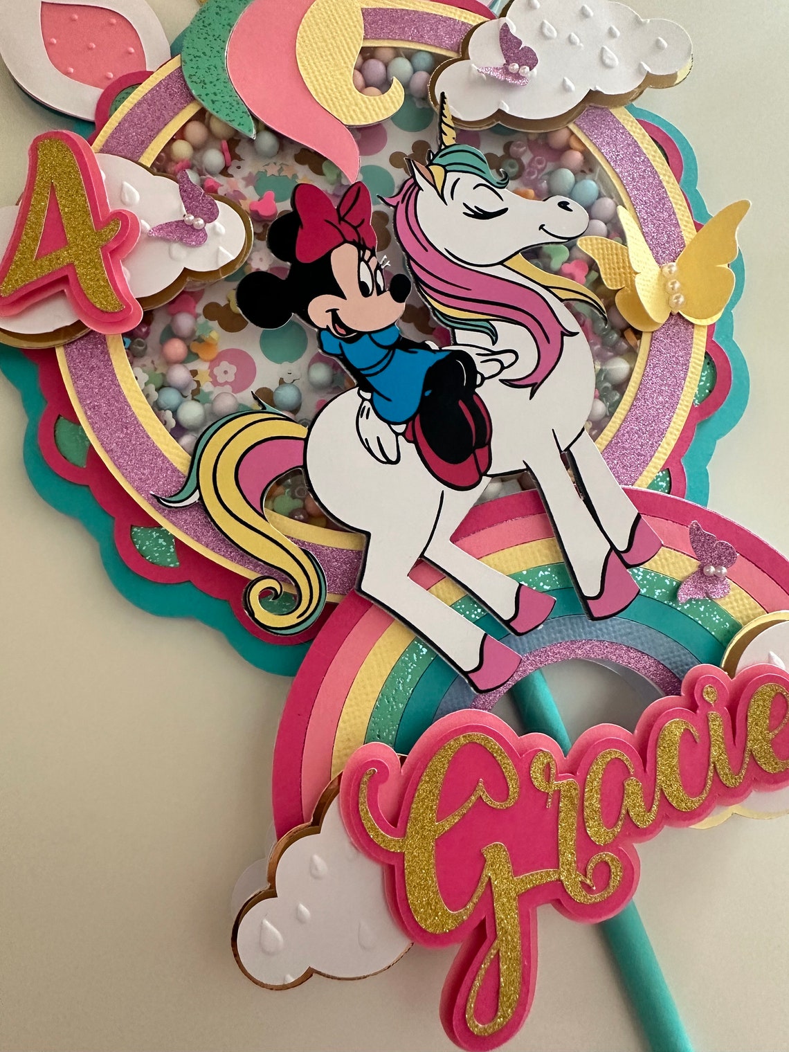 Cake Topper 3D Shaker for Minnie Unicorn Themed Party With Name and Age ...