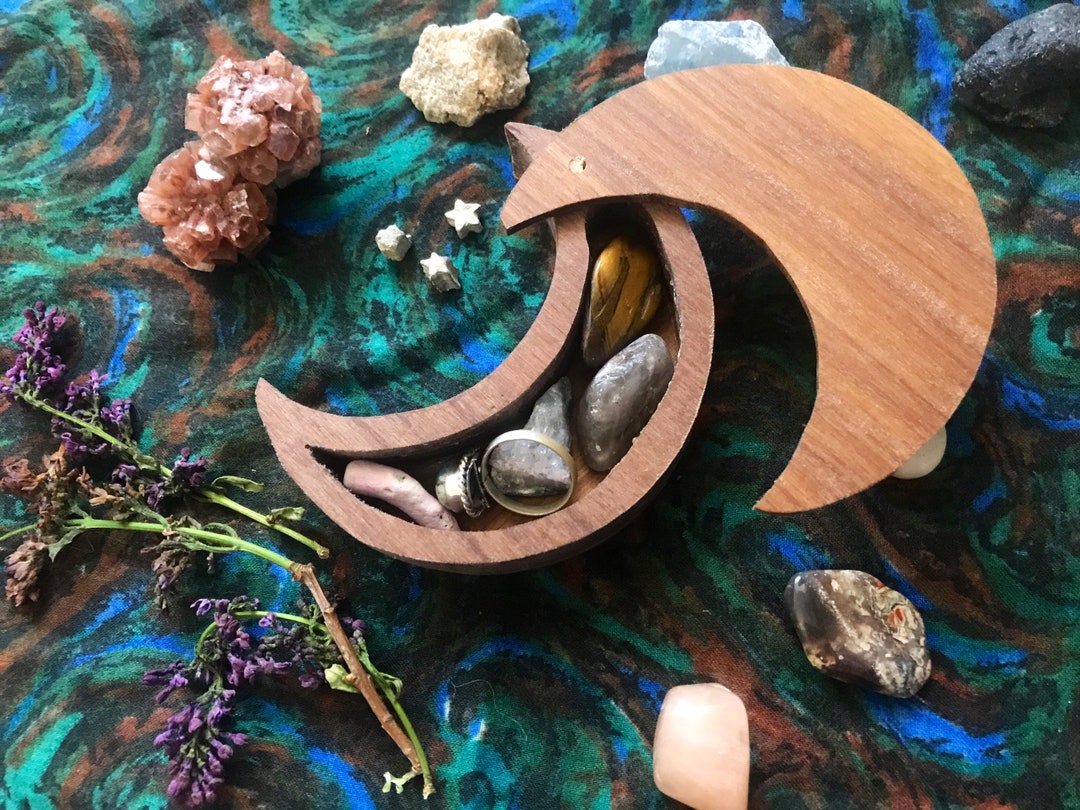 Handcrafted Mahogany Moon Box, Hand Cut, Crystal Holder, Ring Box ...