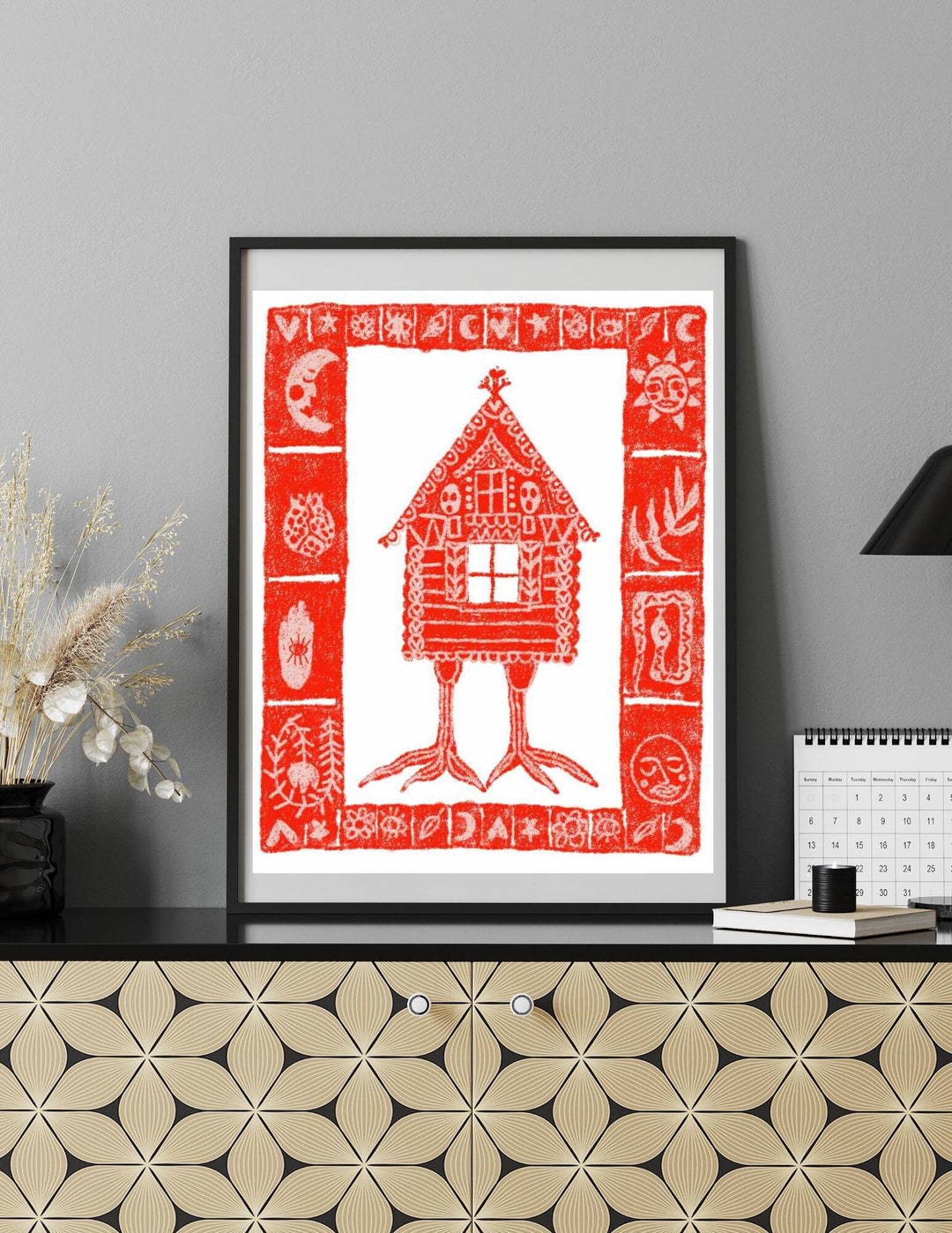 Baba Yaga Hut Slavic Folk Art Print, A4 A5 Post Card, Red and White ...